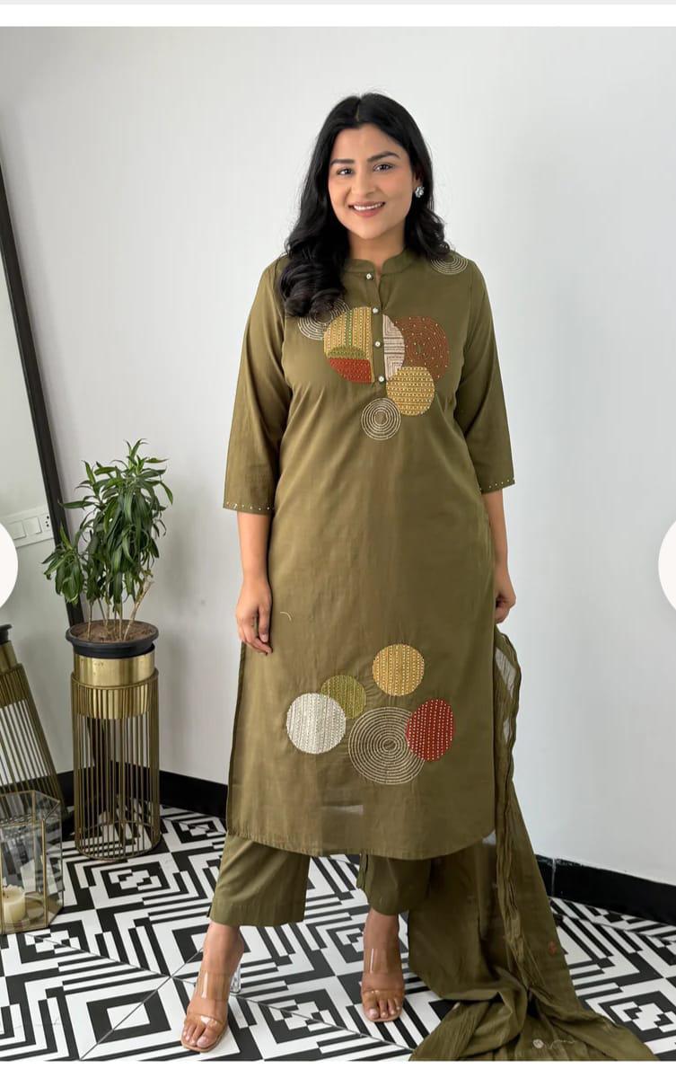 Women Olive Cotton Embroidery Gola Kurta Pant and Dupatta set – Sugamdha